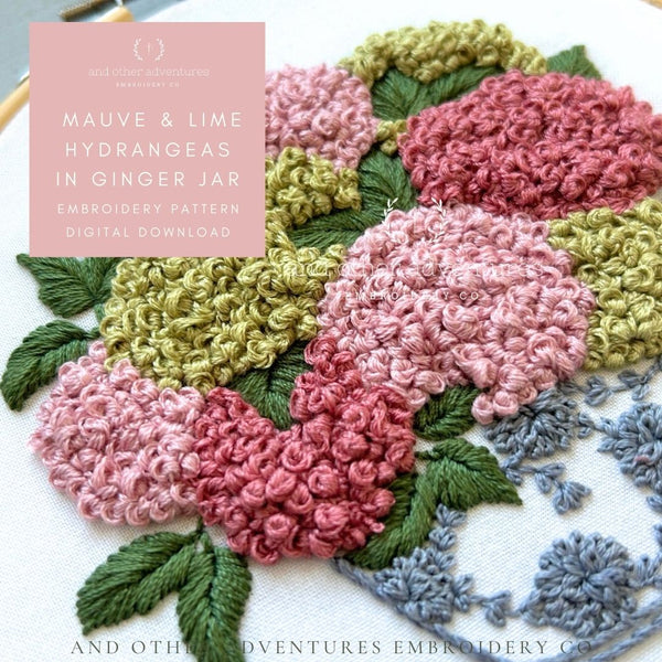 Hand Embroidery PDF Pattern - Mauve + Lime Hydrangeas in Ginger Jar