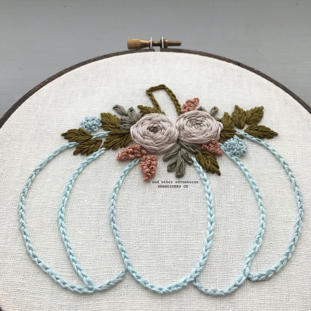 Floral Pumpkin Embroidery Hoop - Aqua - And Other Adventures Embroidery Co