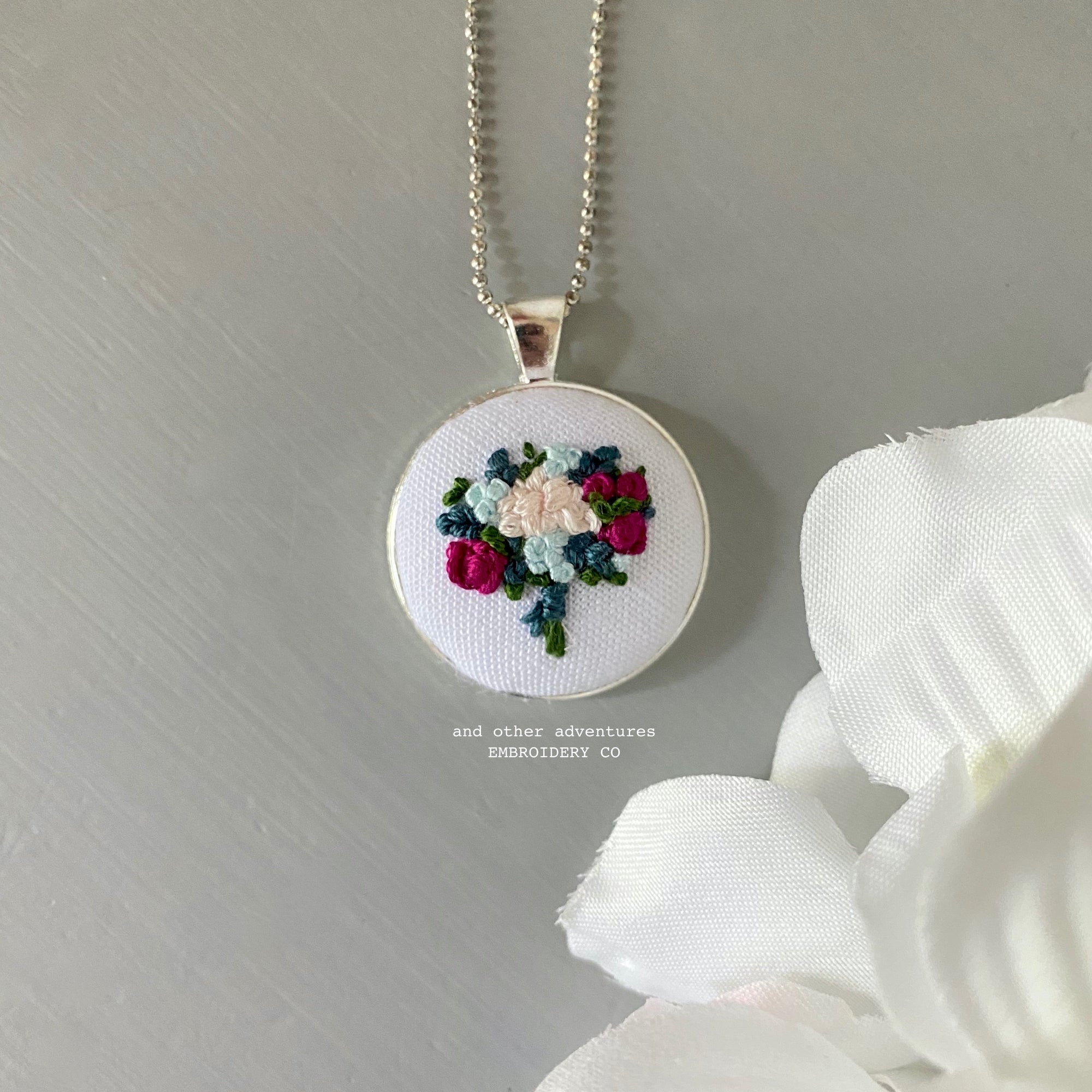 Silver Hand Embroidered Bouquet Necklace by And Other Adventures ...