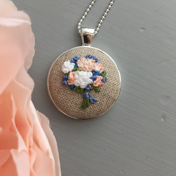 home all blush and periwinkle floral embroidery necklace