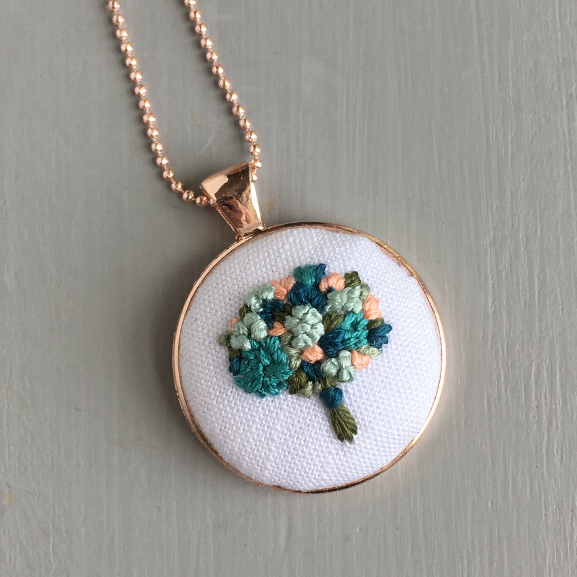 Rose Gold Hand Embroidered Pendant Necklace